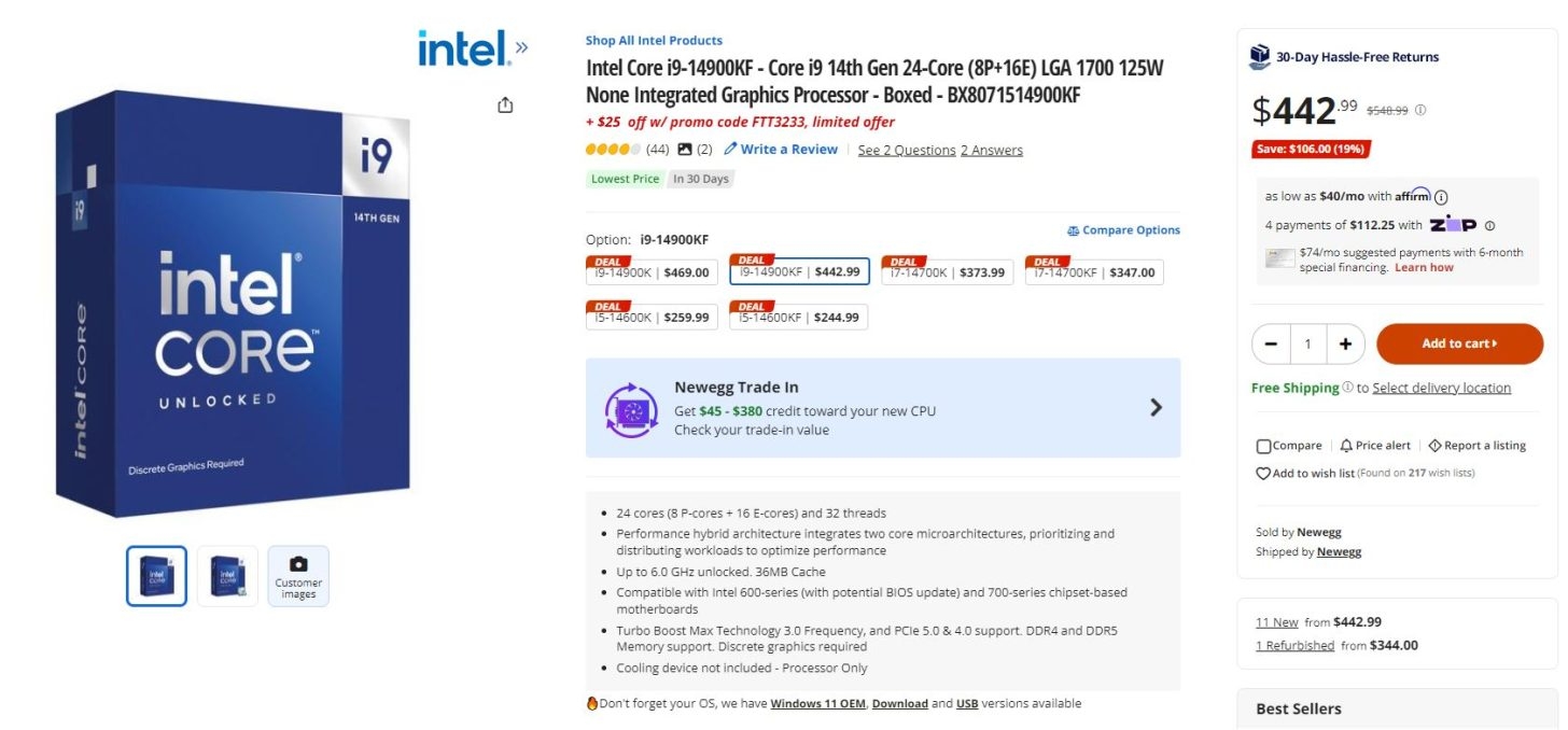 Intel 14th Gen Core CPUs get huge 'discount bomb': 14900KF for $417 ...