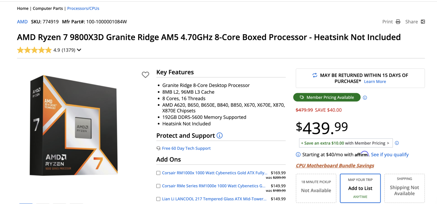 AMD Ryzen 7 9800X3D drops to $439 for Black Friday sales, the best ...