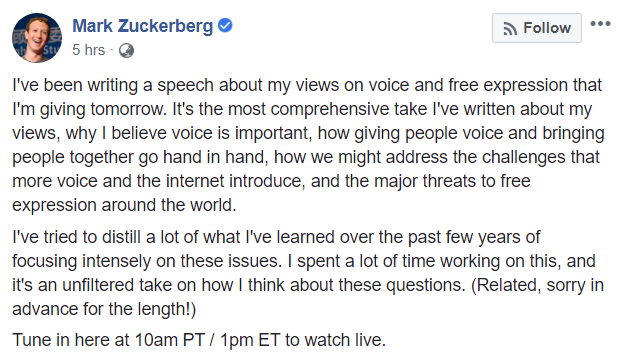 Mark Zuckerberg will stream an 'unfiltered' free expression speech