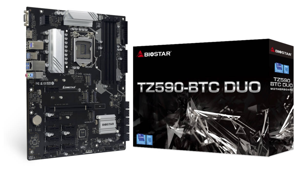BIOSTAR TZ590-BTC DUO mobo: supports 9 x GPUs for crypto mining