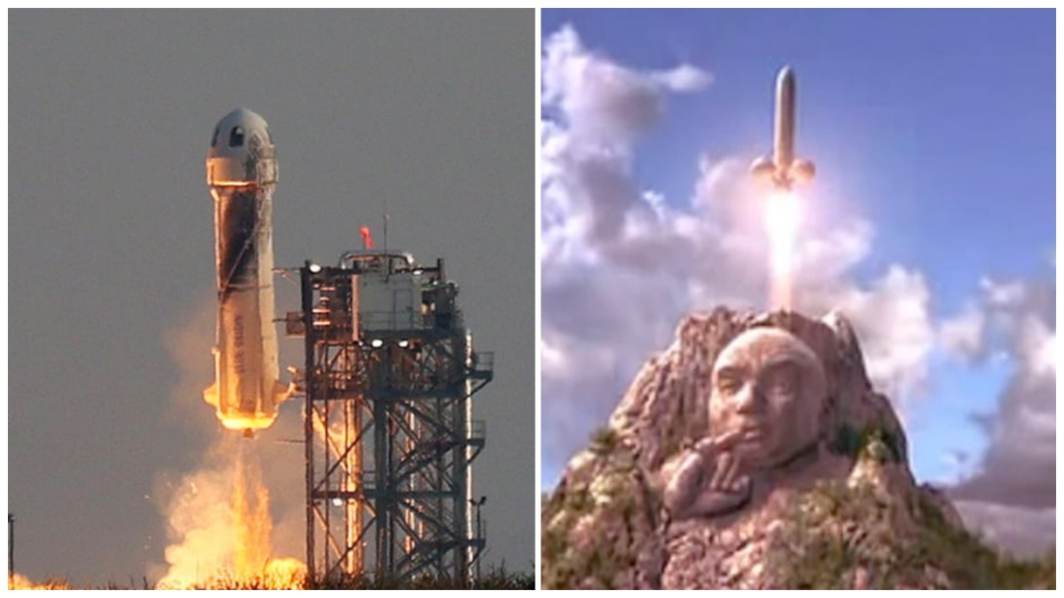 Jeff Bezos' phallic-shaped rocket takes six humans to space