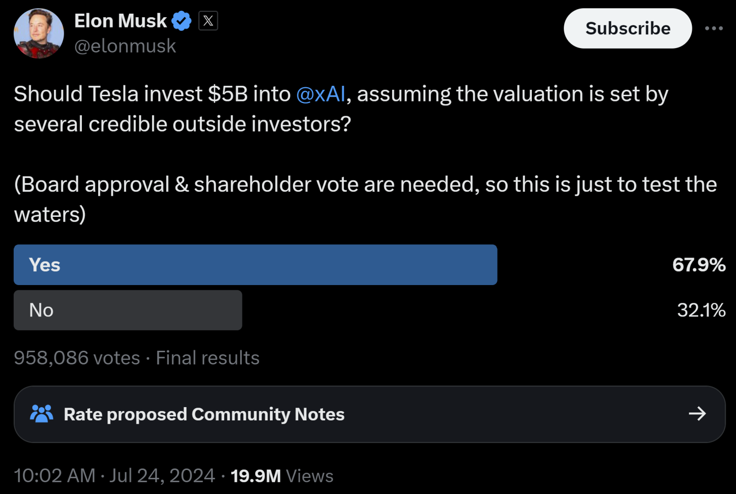 Elon Musk asks if Tesla should invest another $5 billion into xAI startup