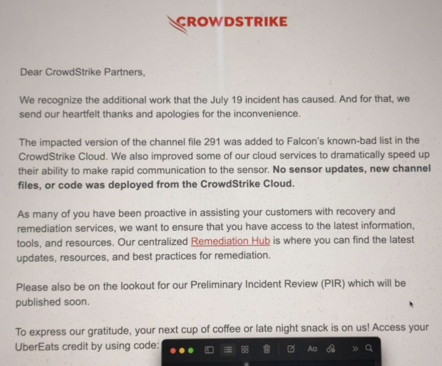 CrowdStrike offers $10 Uber Eats gift cards to Windows outage victims